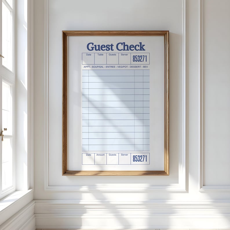 Blank Blue Guest Check Print, Customize Guest Check Poster, Preppy ...