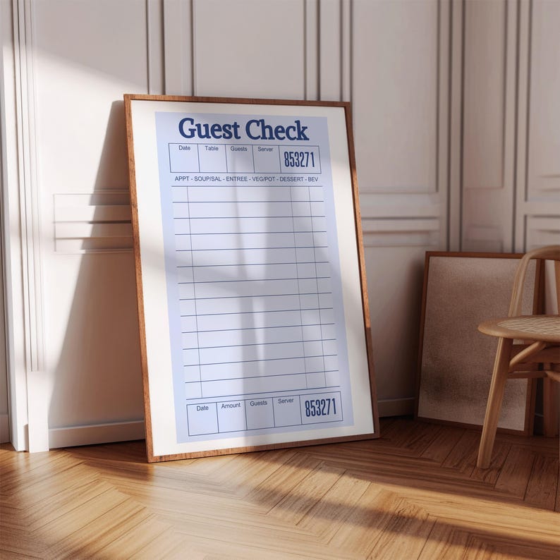 Blank Blue Guest Check Print, Customize Guest Check Poster, Preppy ...