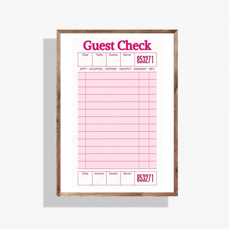 Blank Guest Check Art Print Empty Guest Check Receipt Trendy Wall Art ...