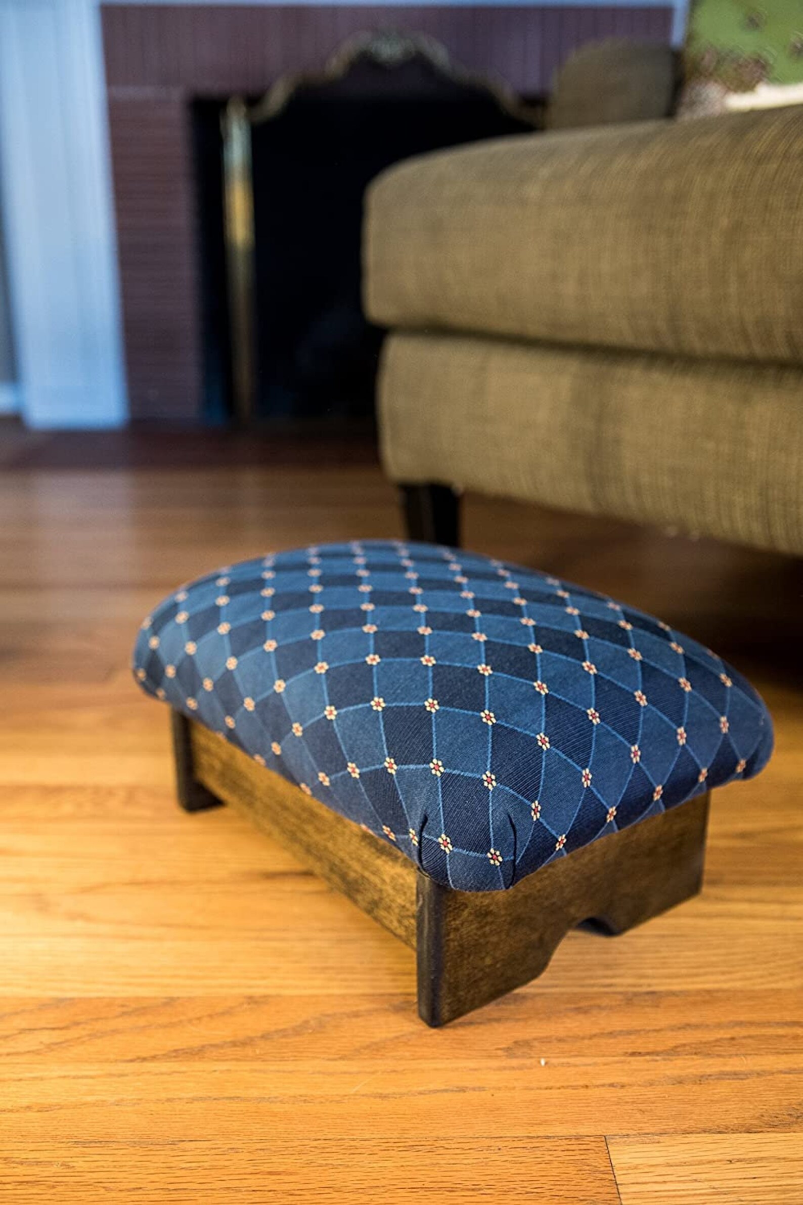 Padded Foot Stool, 7" Tall, Luxury Fabrics Rhapsody in Blue, Walnut ...