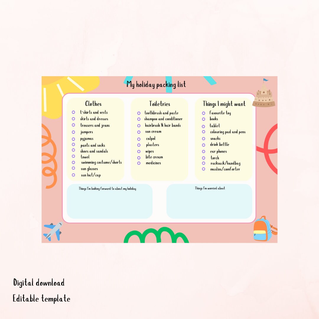 Kids Holiday Packing List Planner Version 2 Editable Template - Etsy
