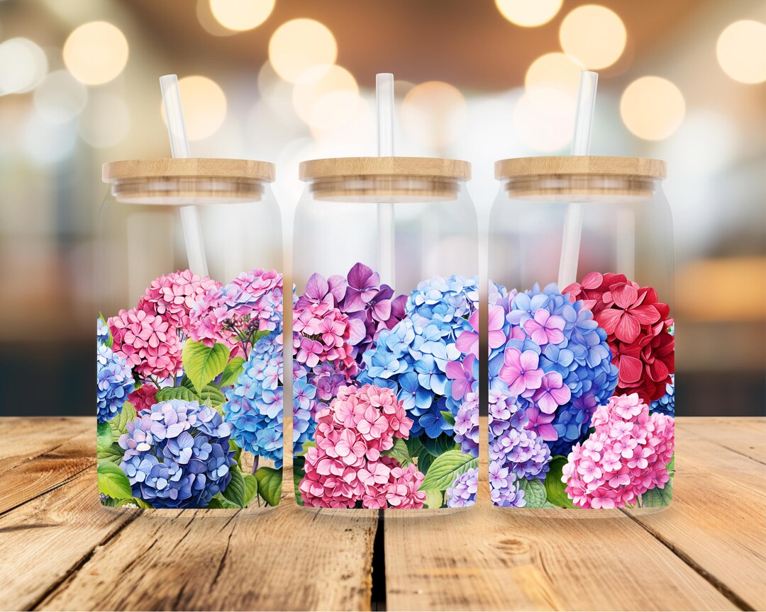 Hydrangea Floral Glass Coffee Cup, Floral Glass Iced Coffee Cup With ...