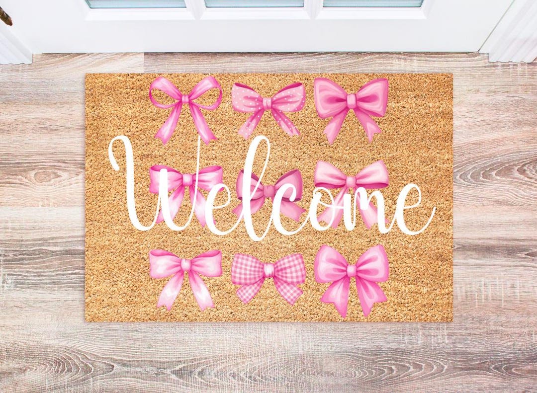 Welcome Pink Bow Doormat | Coquette Decor | Pink Home Decor | Bow Home Decor | Girl Gifts ...