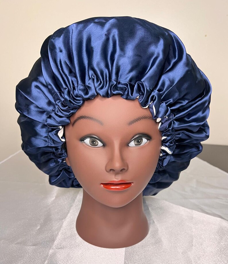 Handmade Navy-blue Reversable Satin Bonnet Comfortable, Hair-friendly ...