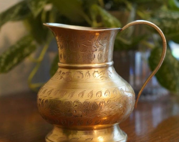 Vintage Brass Etched Pitcher - Etsy