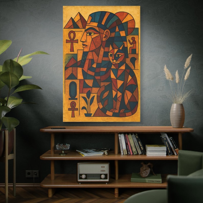 Egyptian Cubism Art Print | Vintage Pharaoh & Cat Abstract Wall Art ...