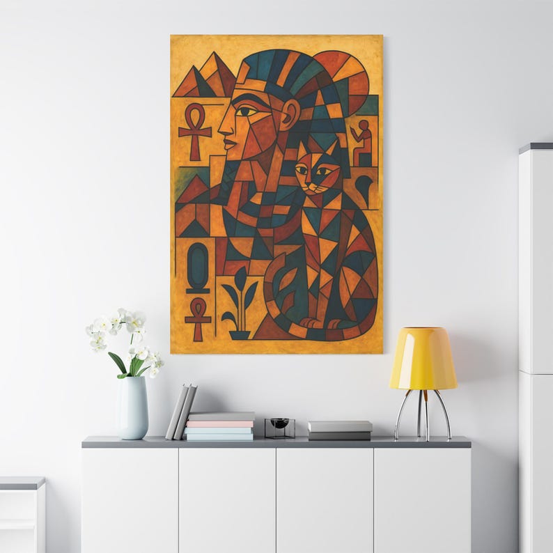 Egyptian Cubism Art Print | Vintage Pharaoh & Cat Abstract Wall Art ...