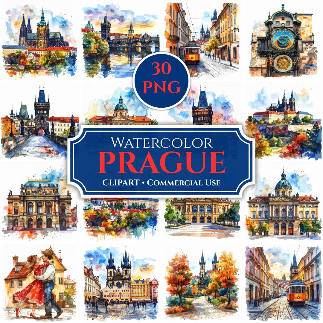 Prague Watercolor Clipart Set, 30 Pngs, 2048x2048, High-quality Czech ...