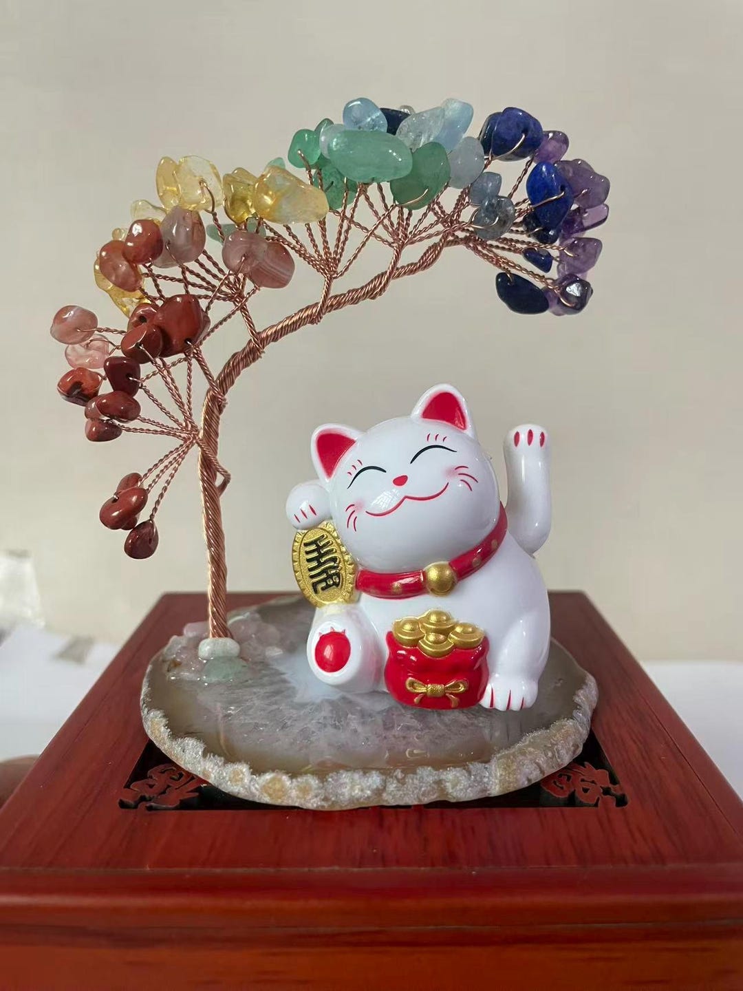 Natural Mixed Crystal Wealth Tree Lucky Cat Gem Tree Home Office ...