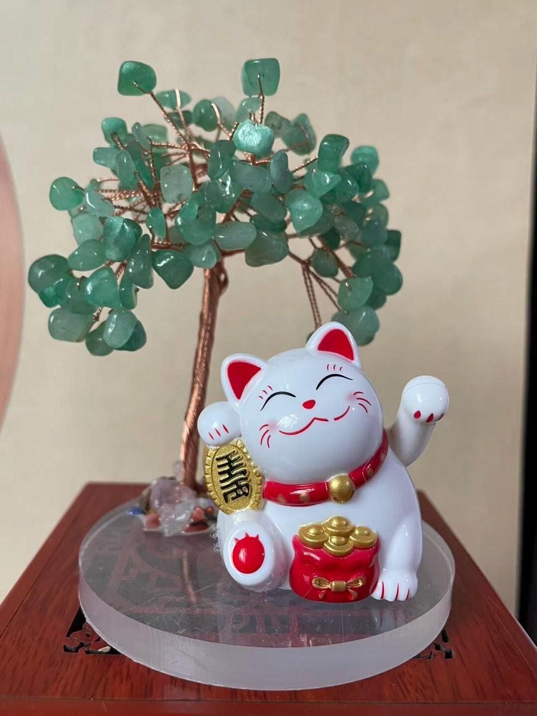 Natural Green Crystal Wealth Tree Lucky Cat Gem Tree Home Office ...