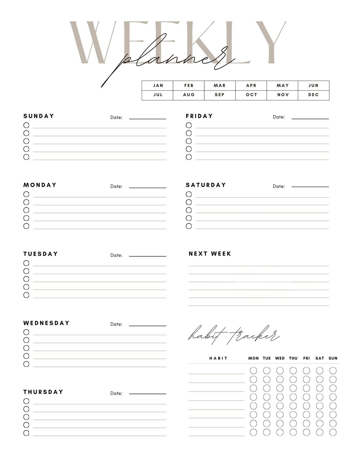 SUNDAY Weekly Planner Daily Checklist Life Planner Template Monthly ...