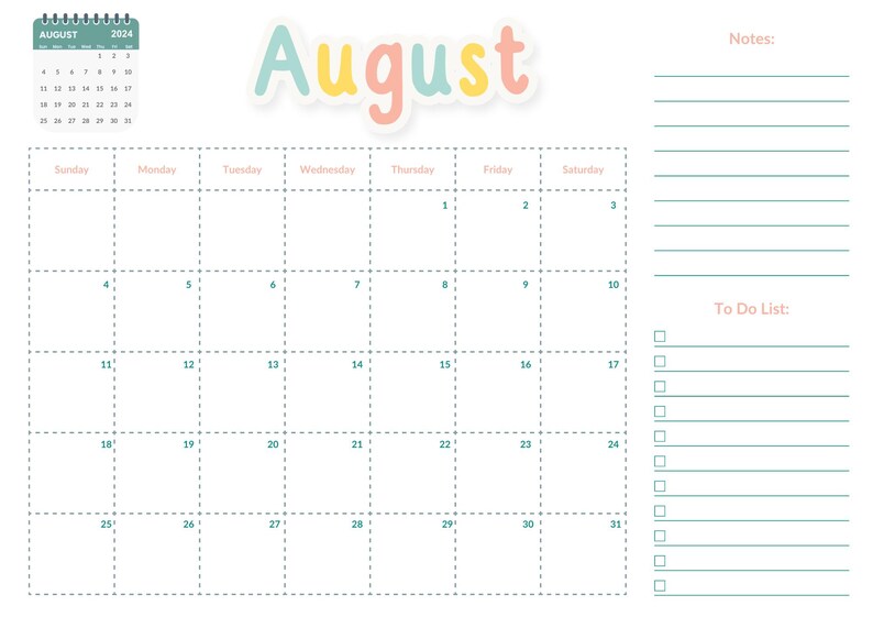 2024 2025 A4 Pastel School Year Calendar Notes Section to Do List ...