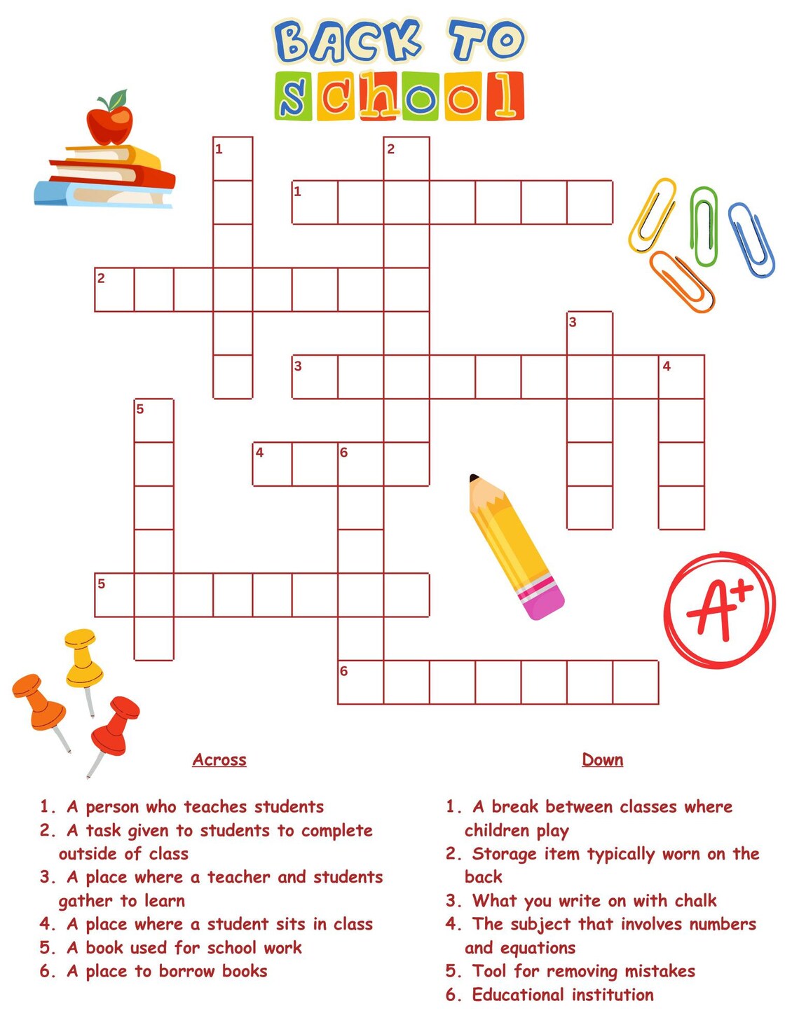 Back to School Crossword Puzzle, Teacher Game, Answer Key, Back to ...