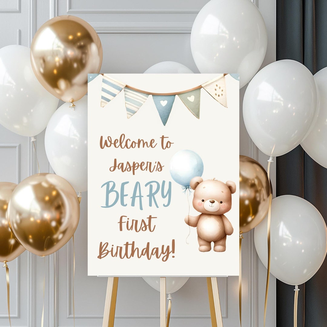 Beary First Birthday, Boy 1st Birthday Welcome Sign Template, Bear ...