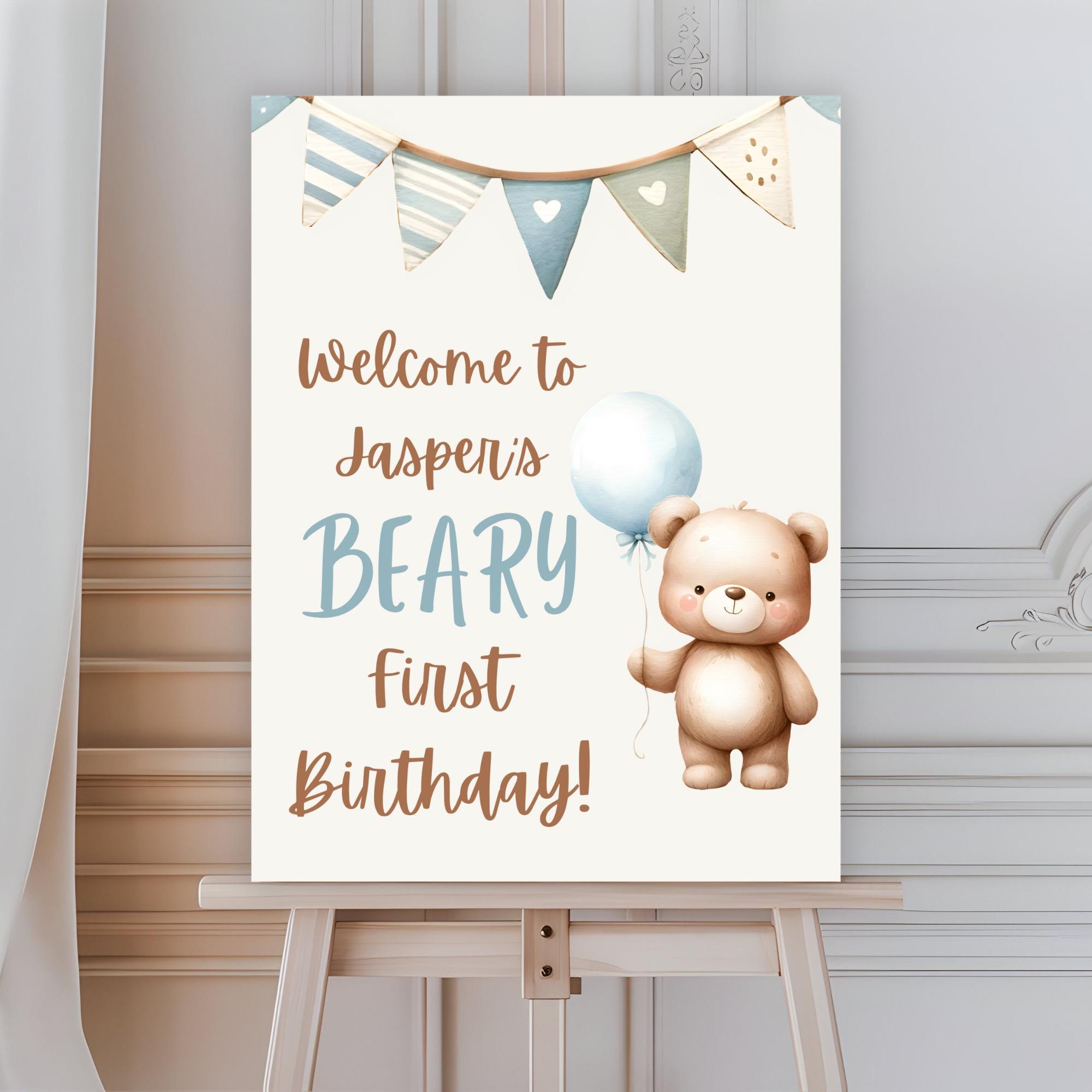 Beary First Birthday, Boy 1st Birthday Welcome Sign Template, Bear ...