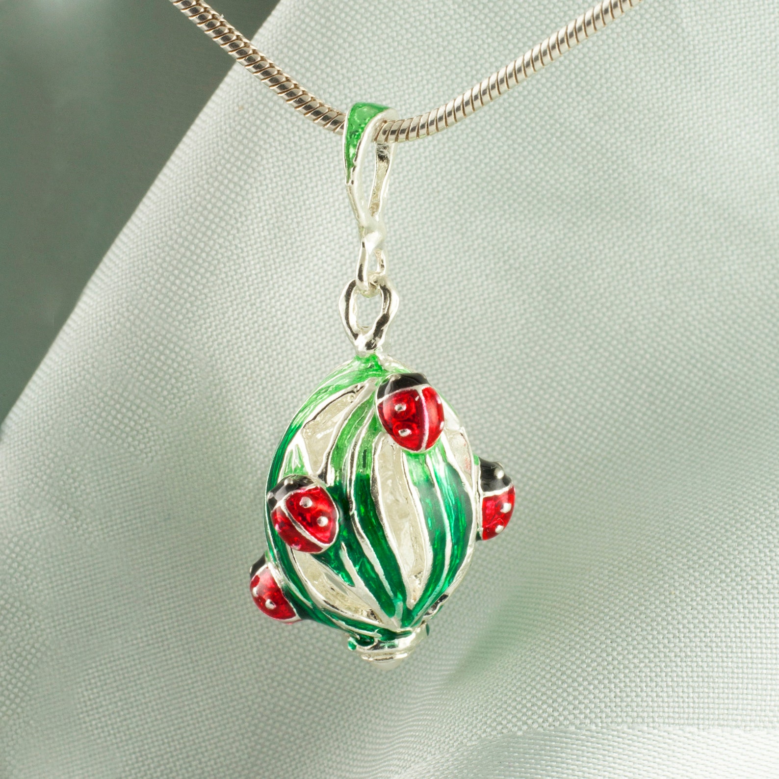 Ladybug Necklace Colorful Pendant Ladybugs on Leaves 925 | Etsy