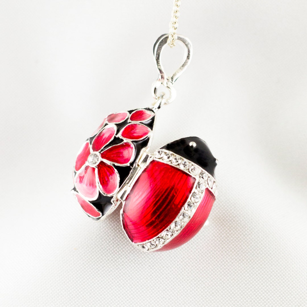 Red Locket Ladybug With Flowers, Crystal Heart Charm in Sterling Silver ...