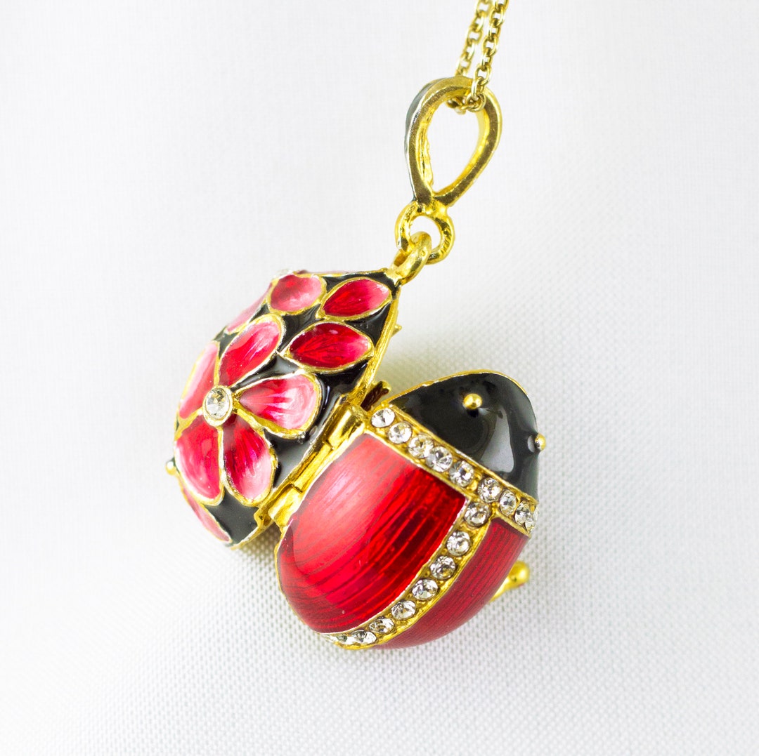 Ladybug Locket With Red Flowers, Guardian Angel Lucky Charm, Ladybird ...
