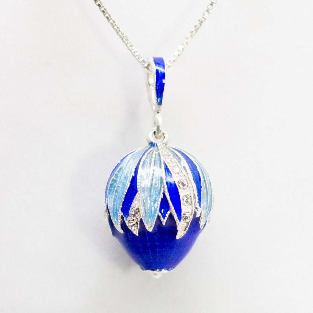 Blue Floral Pendant, Sterling Silver Necklace, Guilloche Enamel Egg ...