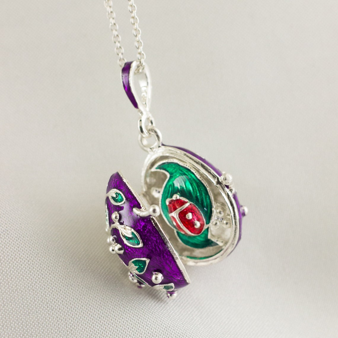 Red Locket Necklace Ladybug Jewelry Pendant Green Leaves With | Etsy