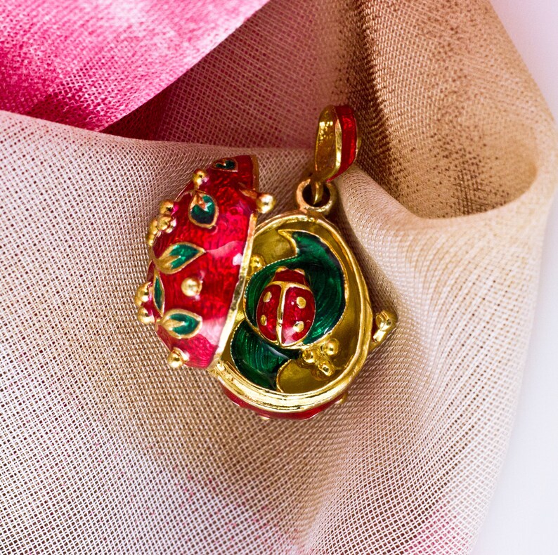 Red Locket Necklace Ladybug Jewelry Pendant Green Leaves With | Etsy