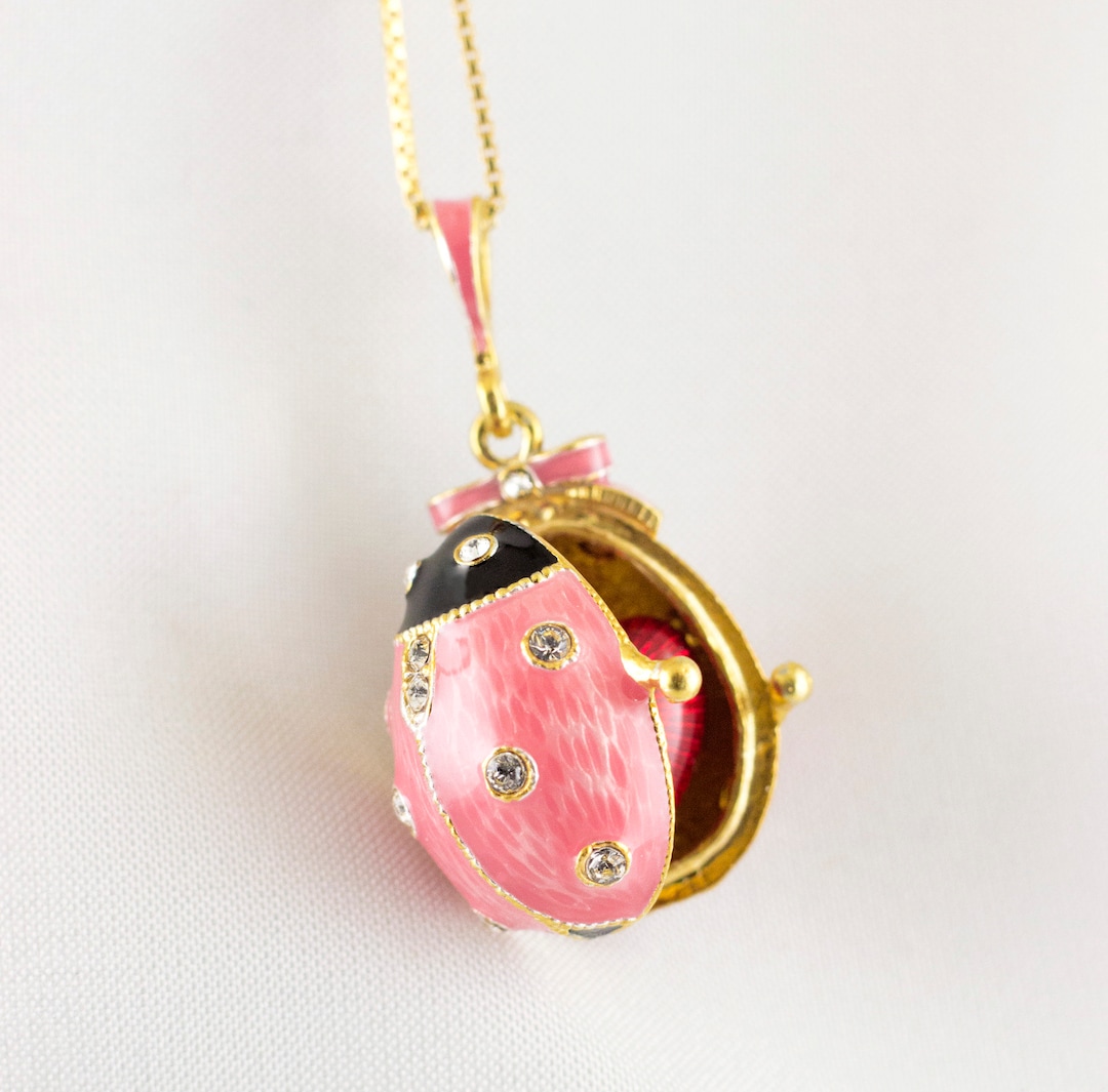 Pink Ladybug Locket Necklace With Red Heart Surprise, 3D Egg Pendant ...