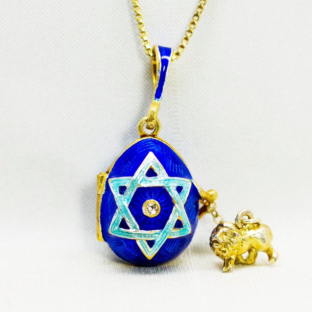 Star of David Blue Locket Necklace With Lion Charm, Judaica Jewelry ...