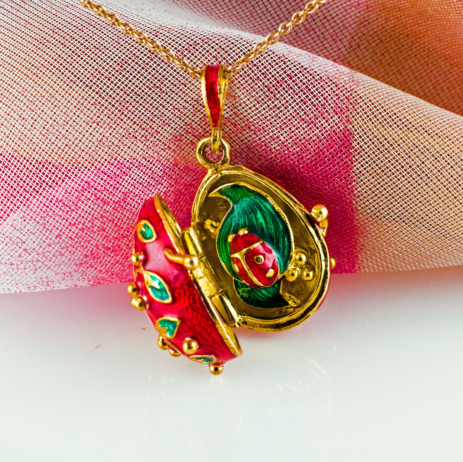 Red Locket Necklace Ladybug Jewelry Pendant Green Leaves With | Etsy