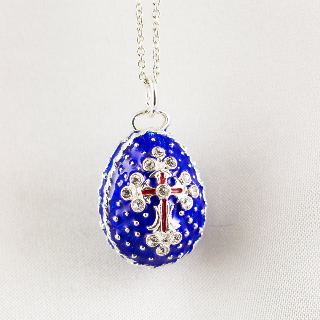 Cross Enameled Egg Pendant With Moravian Star, Blue Enamel Jewelry ...