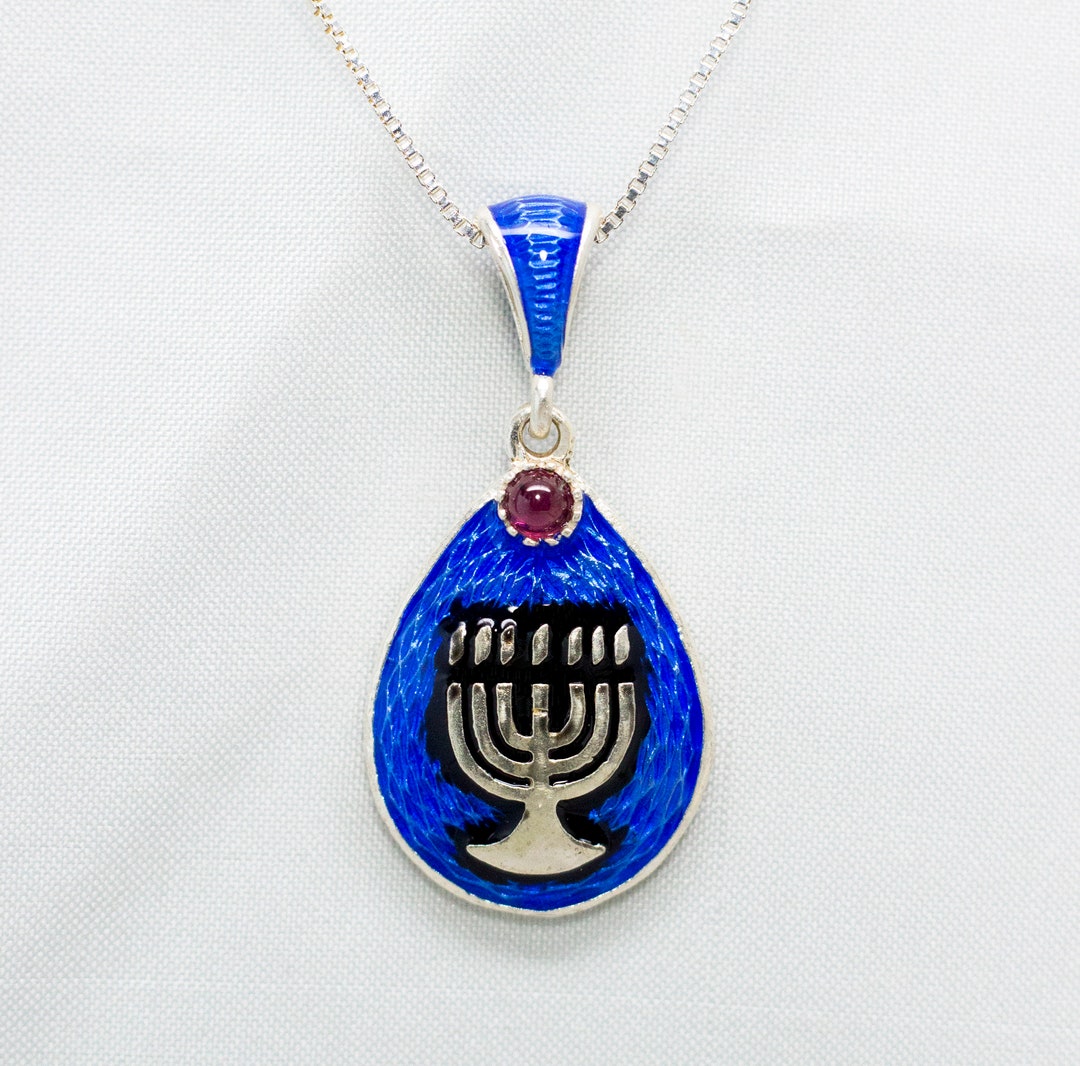 Menorah Jewish Pendant With Garnet, Sterling Silver Necklace Cobalt ...
