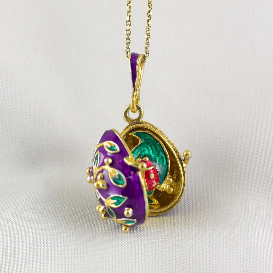 Red Locket Necklace Ladybug Jewelry Pendant Green Leaves With | Etsy