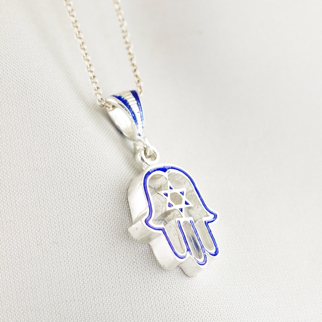 Hamsa Hand Star of David Necklace, Sterling Silver Blue Enamel, Lucky ...