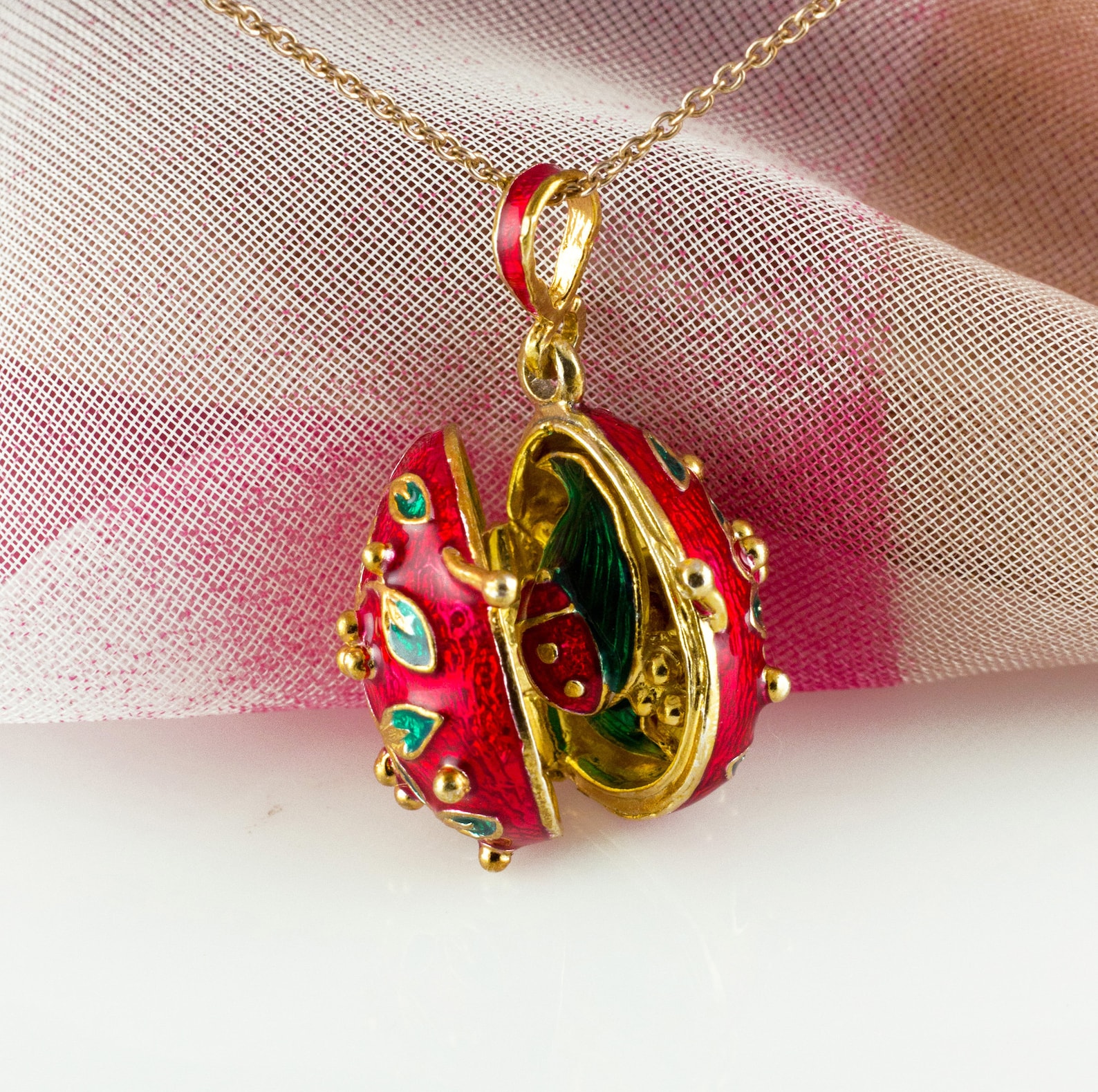 Red Locket Necklace Ladybug Jewelry Pendant Green Leaves With | Etsy