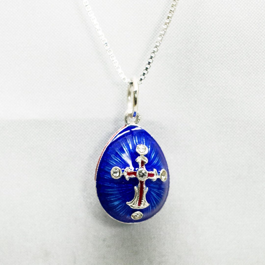 Cross With Moravian Star Egg Pendant, Blue Red Guilloche Enamel ...