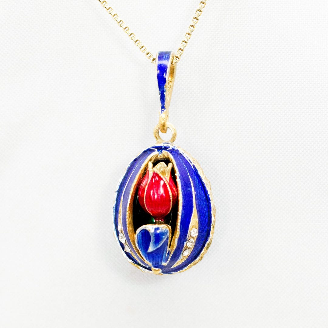 Tulip Blue Floral Necklace, 3D Enameled Pendant With Crystals, Sterling ...