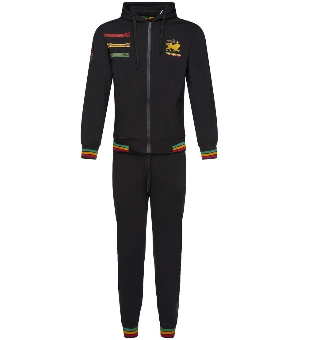Mens Rasta Lion Tracksuit Fleece Hooded Jacket 2 Piece Set Elasticated ...