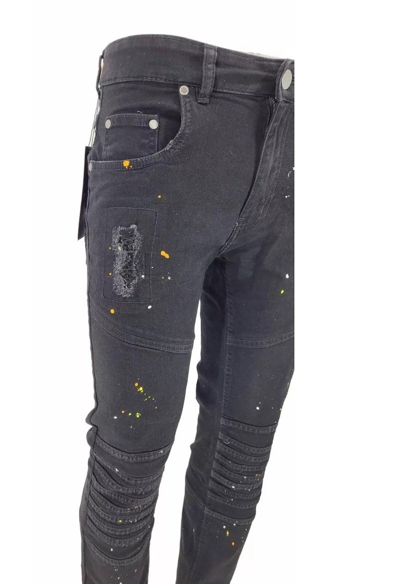 New Men's Paint Splatter Jeans Patchwork Biker Stretch Denim Trouser ...