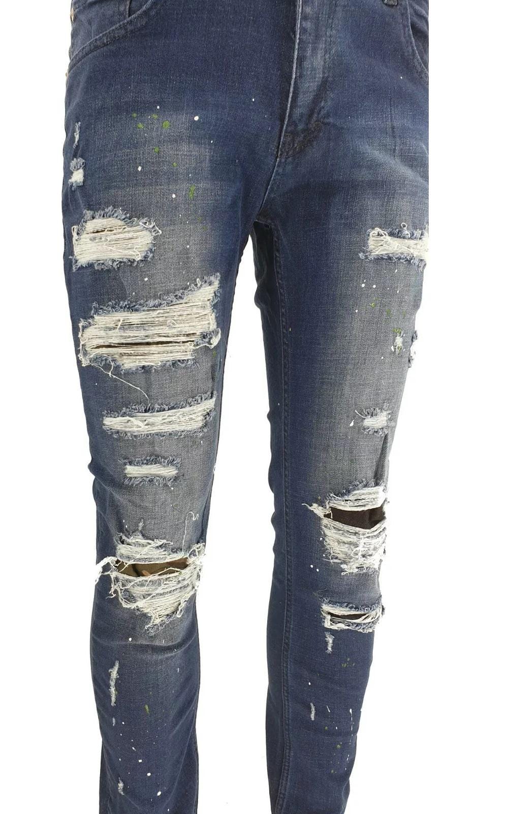 Mens Jeans Patchwork Paint Splatter Distressed Ripped Camouflage Patch ...