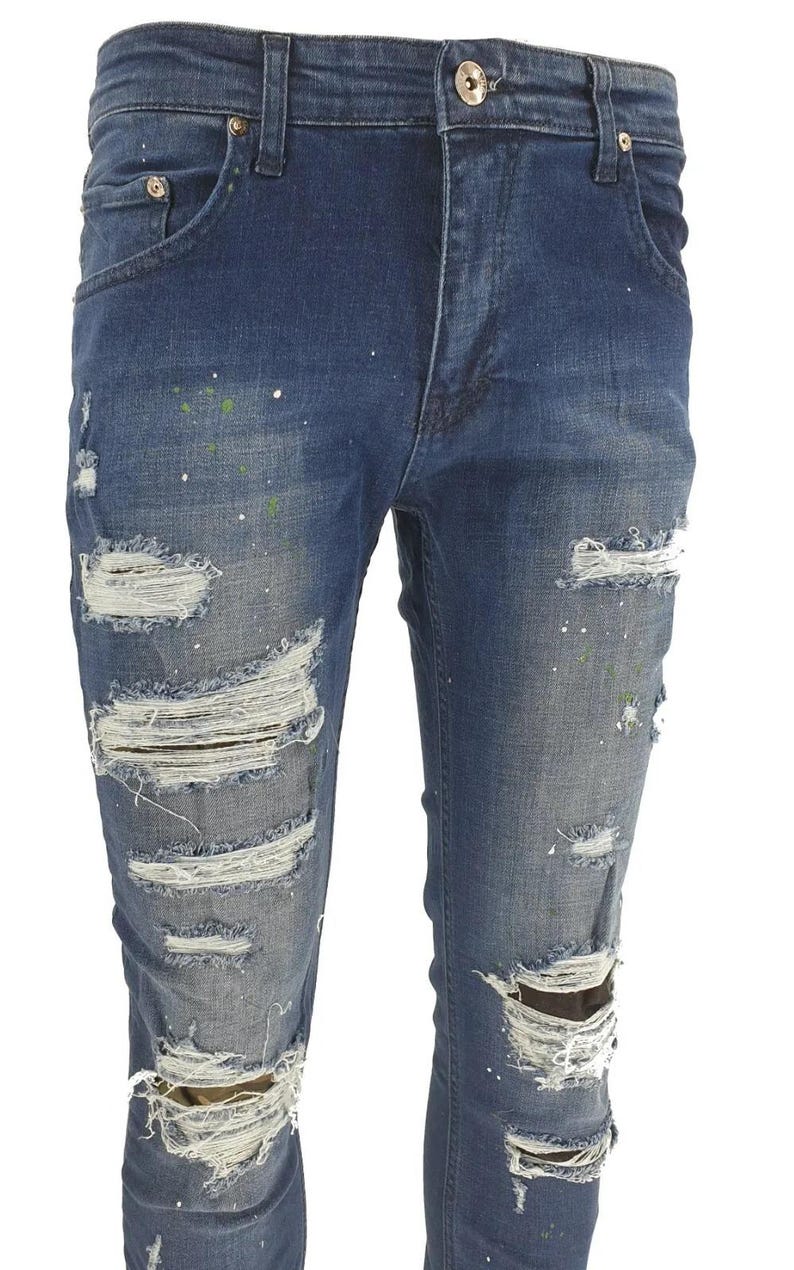 Mens Jeans Patchwork Paint Splatter Distressed Ripped Camouflage Patch ...