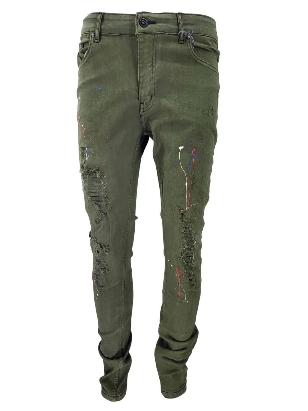 Mens Denim Jeans Slim Fit Stretch Ripped Paint Splatter Distressed ...