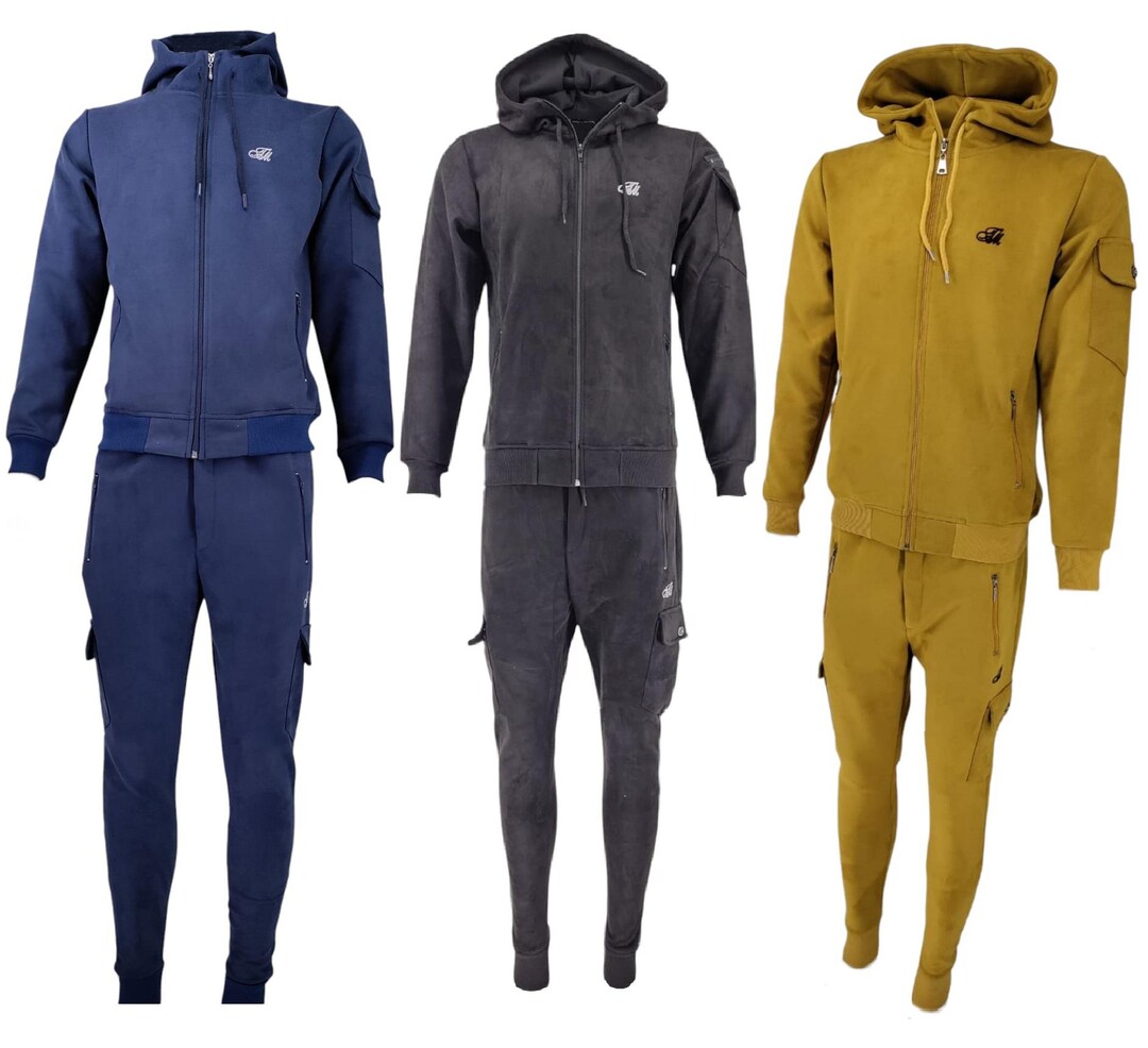 Mens Suede Tracksuits TIM 8 Pockets Velvet 2pcs Set Hooded & Pants ...