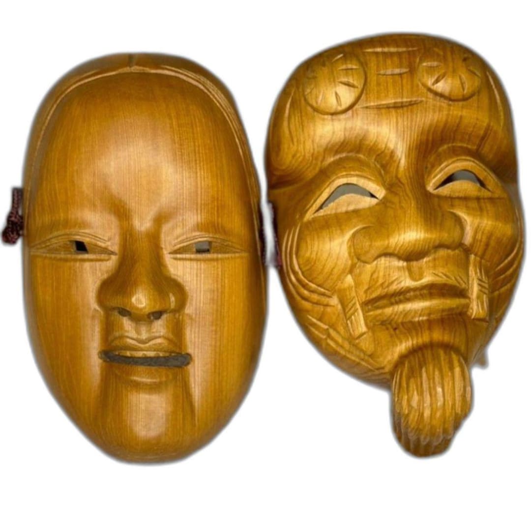 Antique Japanese Wooden Noh Masks Okina old Man & Ko-omote young Lady ...