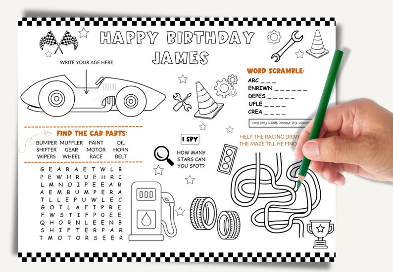 Race Car Birthday Party Coloring Sheet, Race Car Theme Birthday Party ...