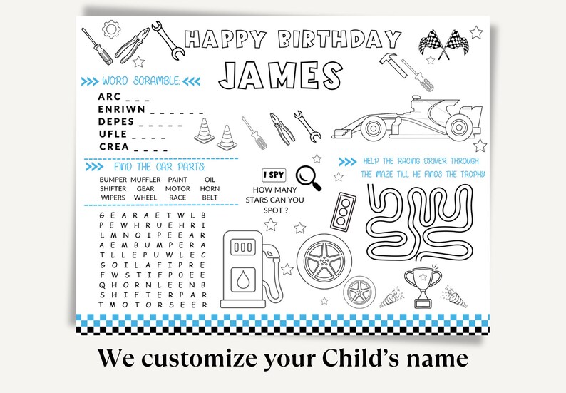 Custom Name Race Car Birthday Placemat, Kids Activity Racing Coloring ...