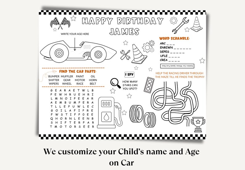 Race Car Birthday Party Coloring Sheet, Race Car Theme Birthday Party ...