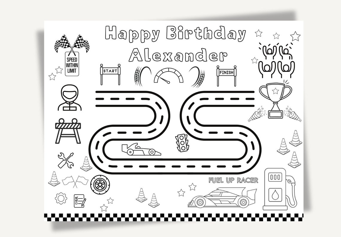 Kids Activity Racing Coloring Sheet, Birthday Party Coloring Page, Race ...