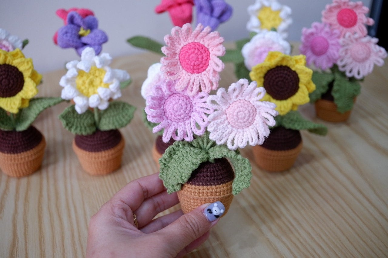 5IN1 POTTED FLOWER Basket Hanging Crochet Pattern, Sunflower Tulip ...