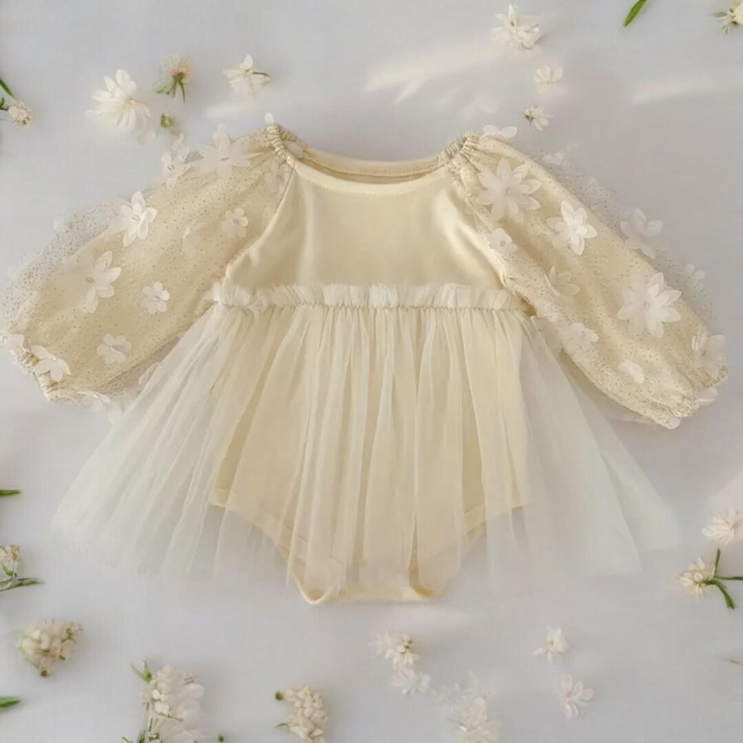 Baby's Delicate and Elegant Soft Cream Flower Embroidered Mesh Long ...