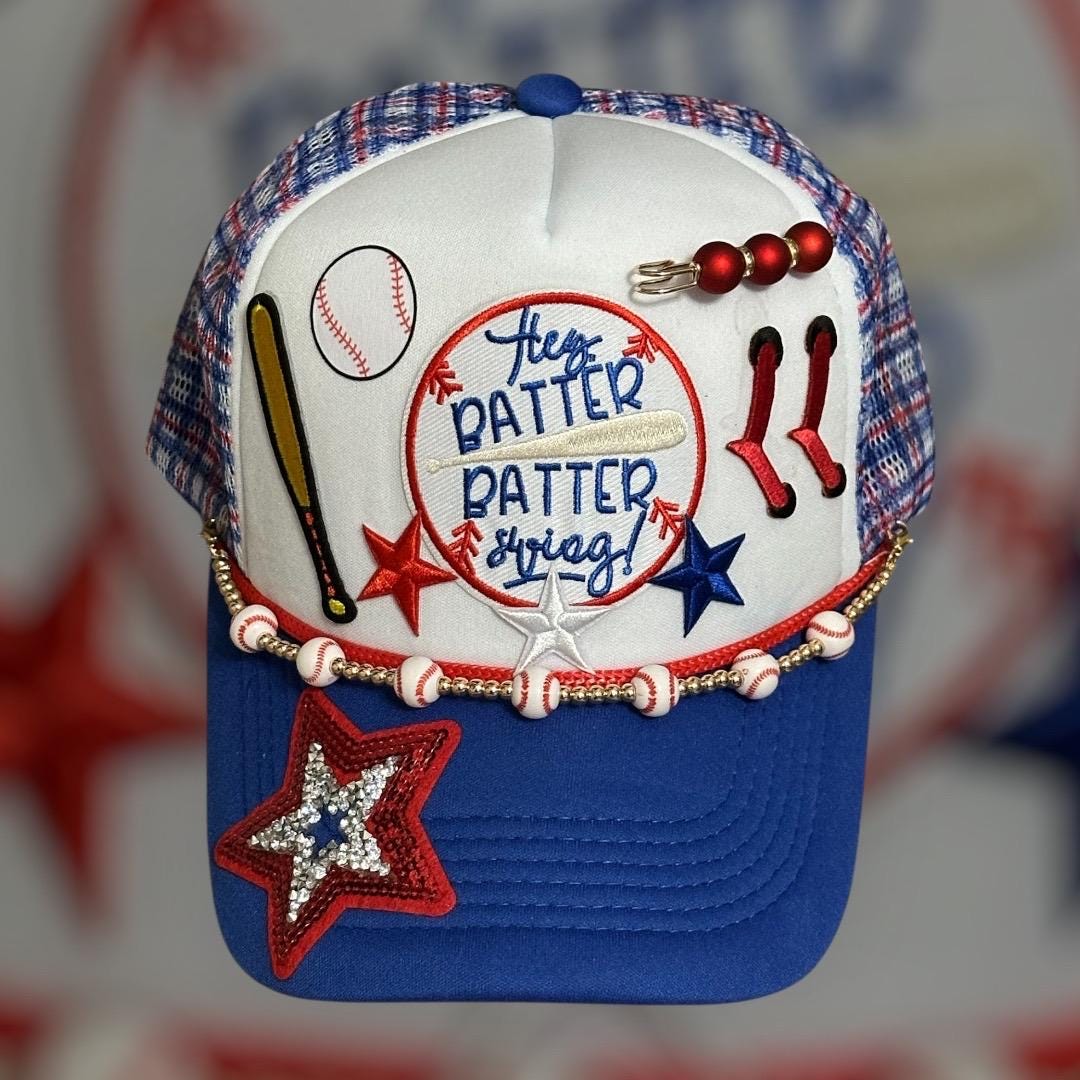 Baseball Softball Batter Batter Red White Blue - Trucker Hat With Iron ...