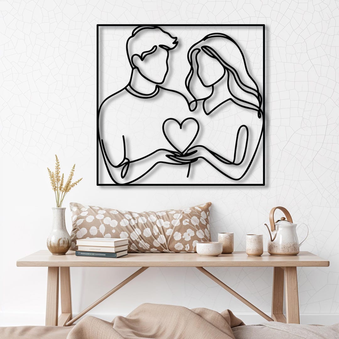 Romantic Couple Metal Wall Art, Couple Heart Line Art, Modern Wall ...